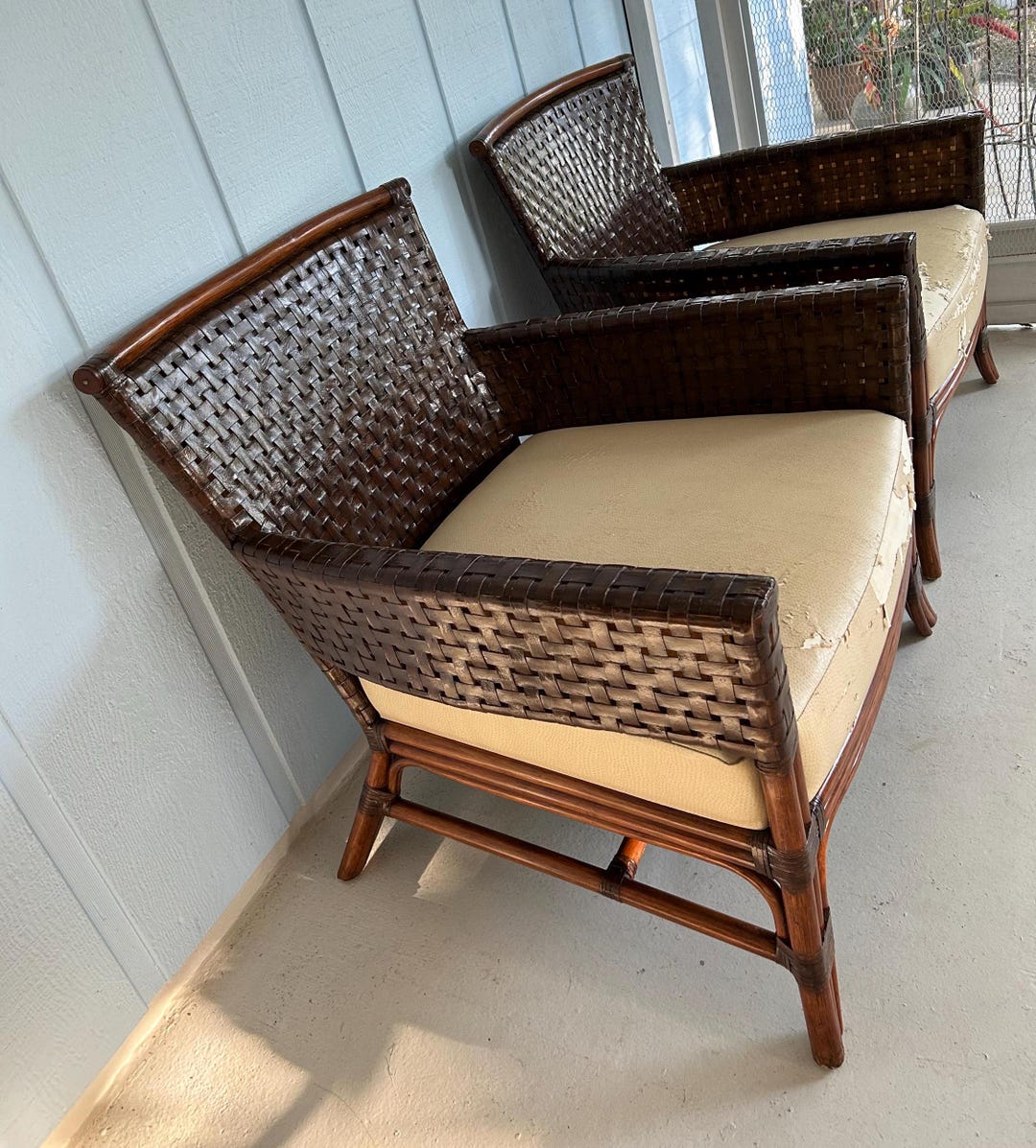 Pair PALECEK Rawhide Weave Lounge Chairs-vintage Patio Chairs-rattan ...