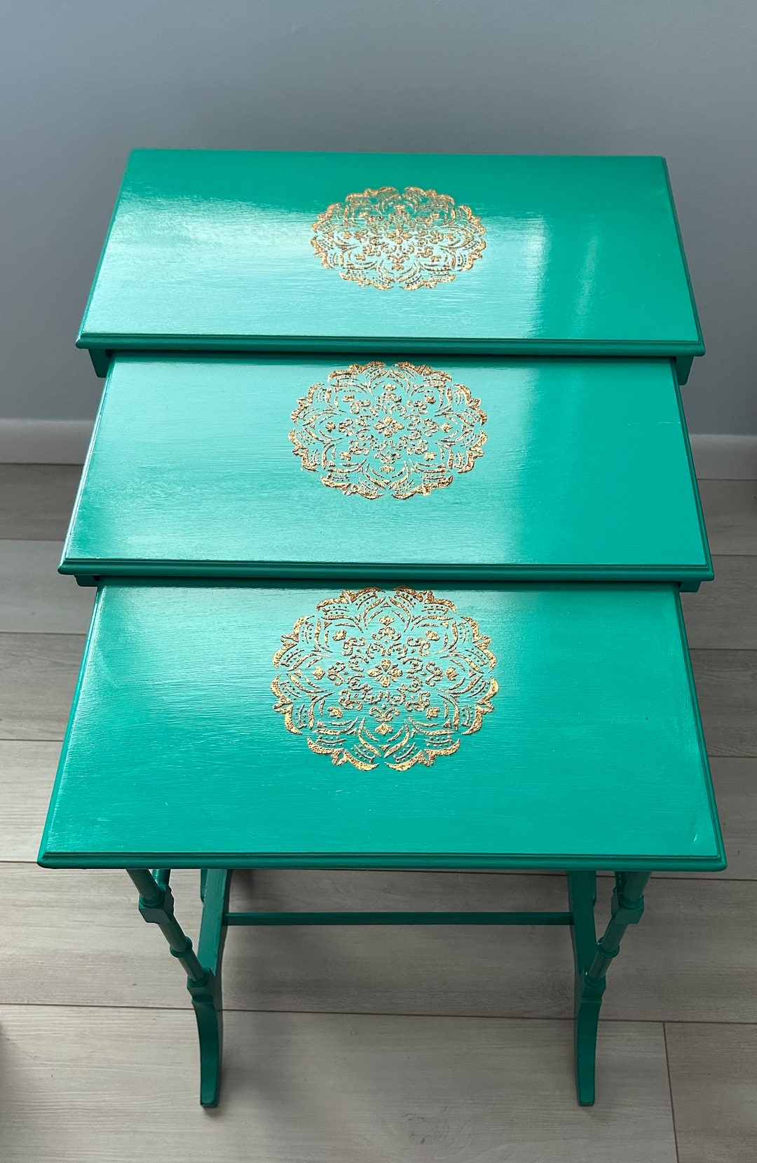 Antique Repainted Georgian Style Nesting Tables Set of 3-wood Turquoise ...