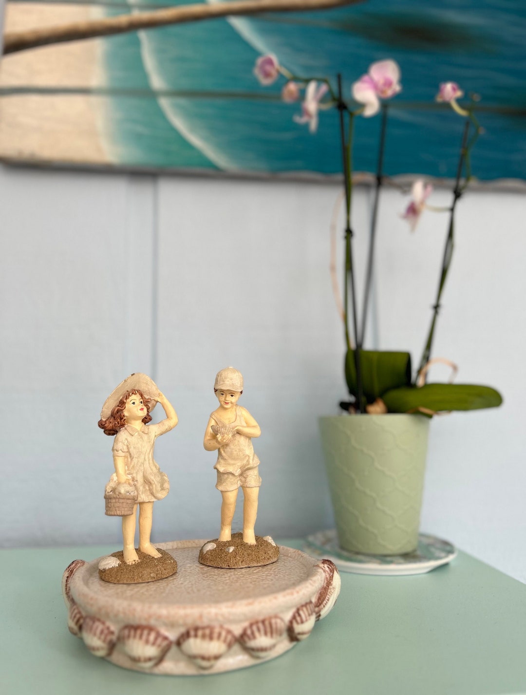 Cute Girl & Boy Beach Playing Figurines-2 Little Kids Resin Statue Set ...