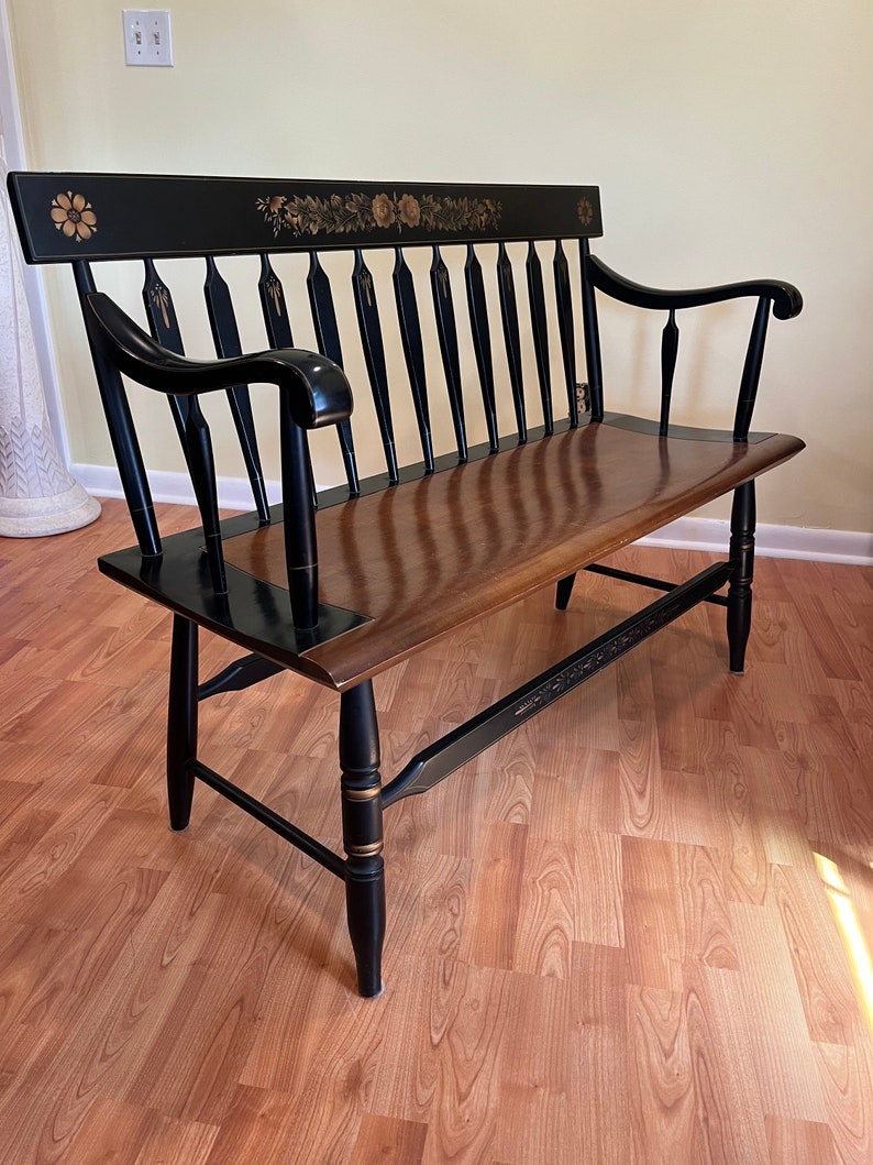 Hitchcock Black&maple Bench-gold Stencil Floral Settee-vtg Windsor ...