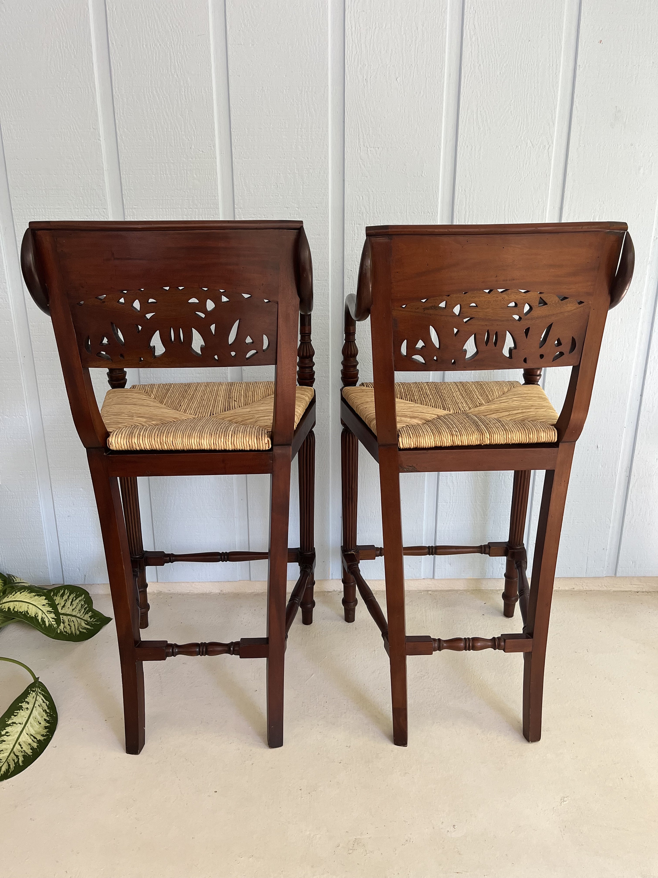 Rare Find Pair Counter Stools-solid Wood Bar Stool-woven Rush Seat ...