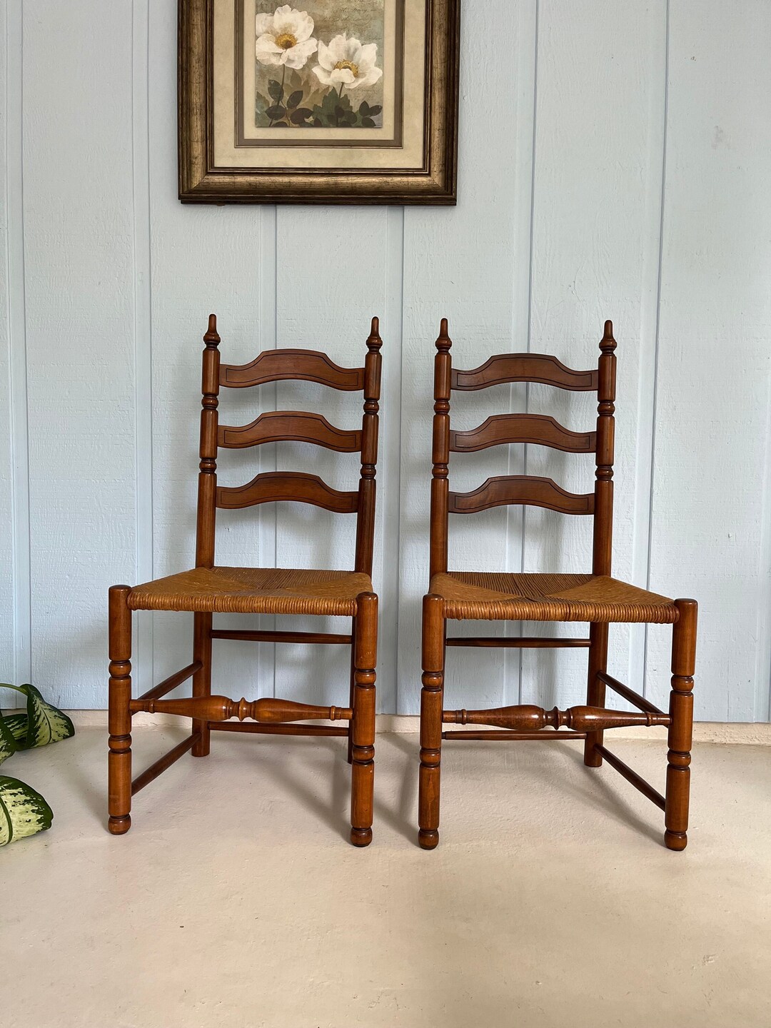 Lovely Pair Ladder Back Chairs-rush Seats-cute Finials-ball Feet-great ...