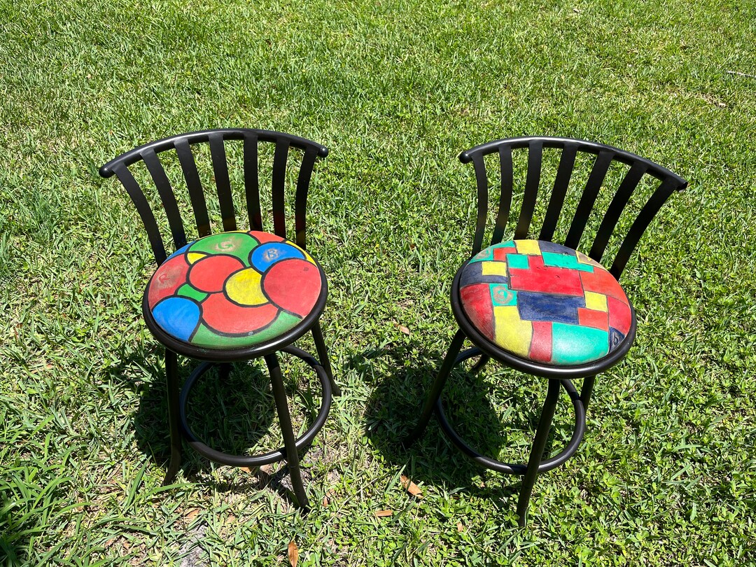 Hand Paint Pair Bar Stools-black Metal Counter Height Swivel Seat ...