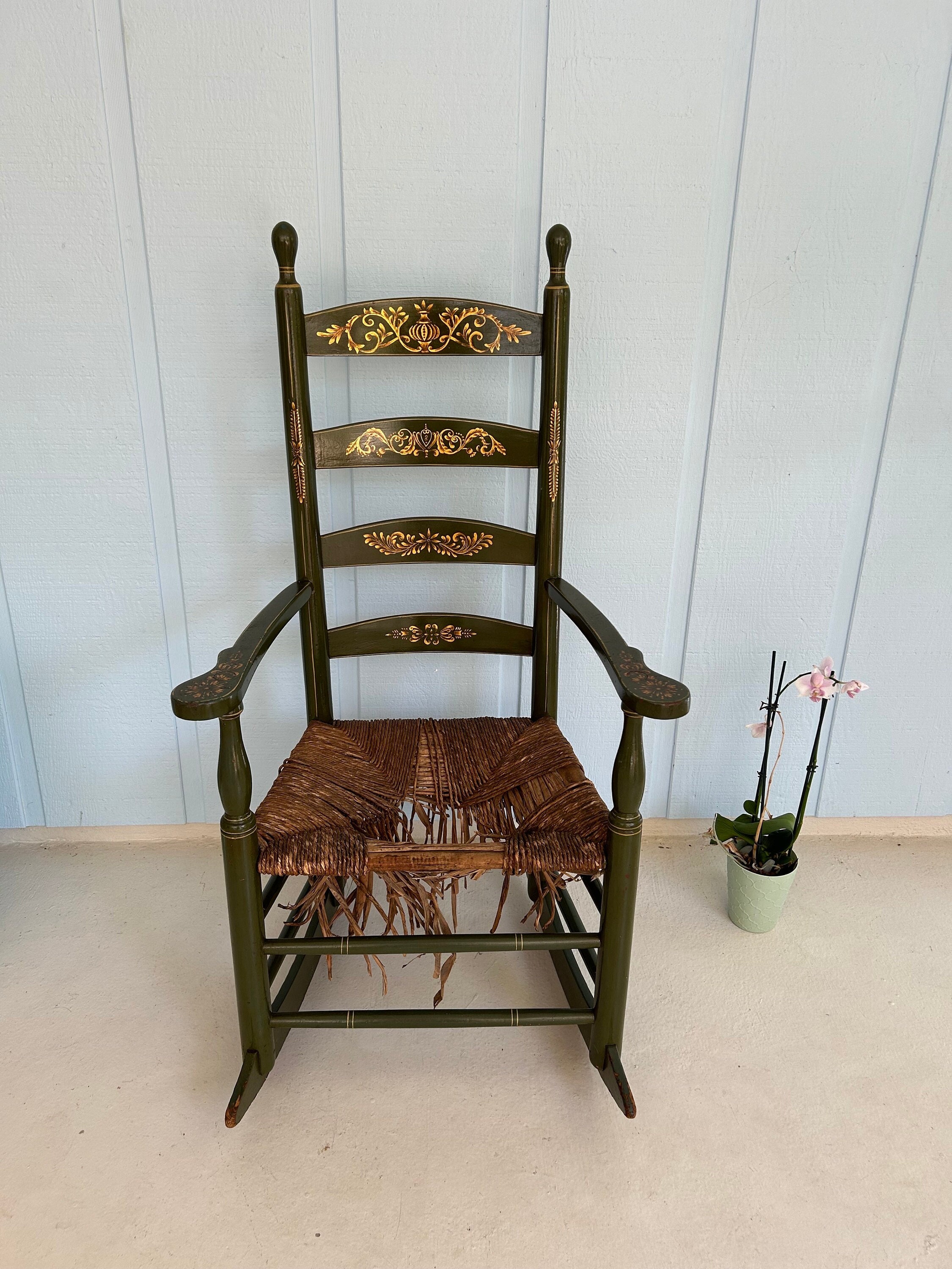 Beautiful Ladder Back Rocker Frame-antique Green&gold Wooden Rocking ...