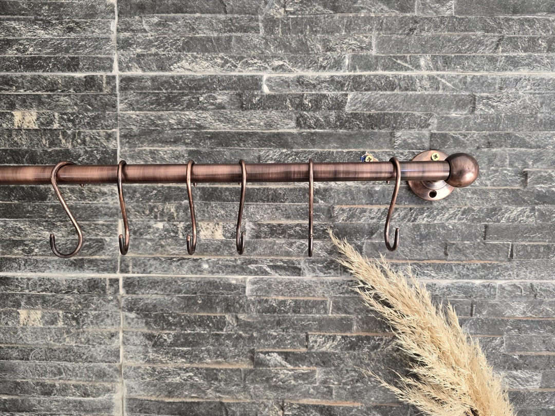 Unlacquered Copper Pot Rack – Vintage Kitchen Rail With Hooks – Rustic ...
