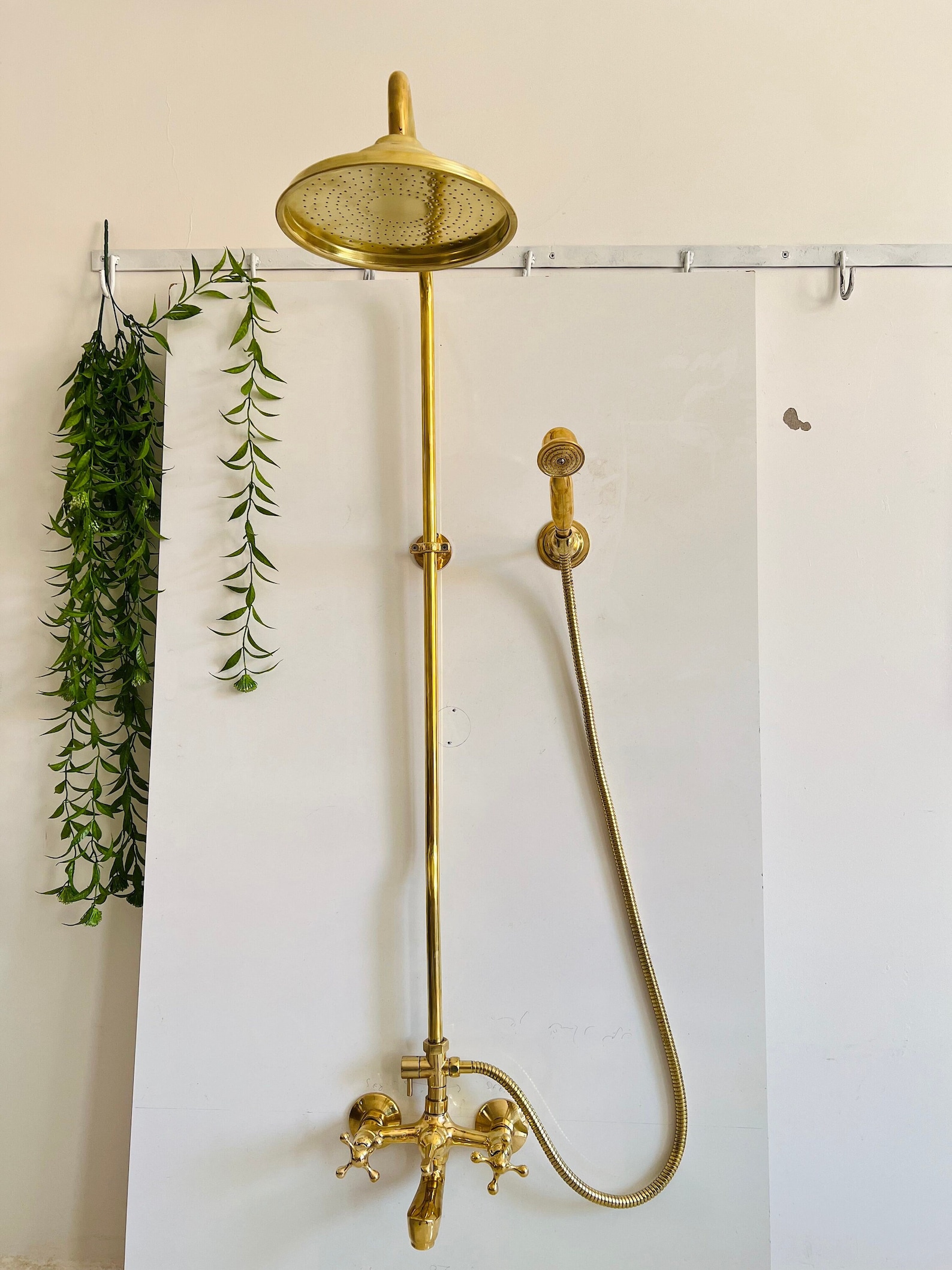 Modern Unlacquered Brass Shower System With Handheld & Rain Shower Head ...