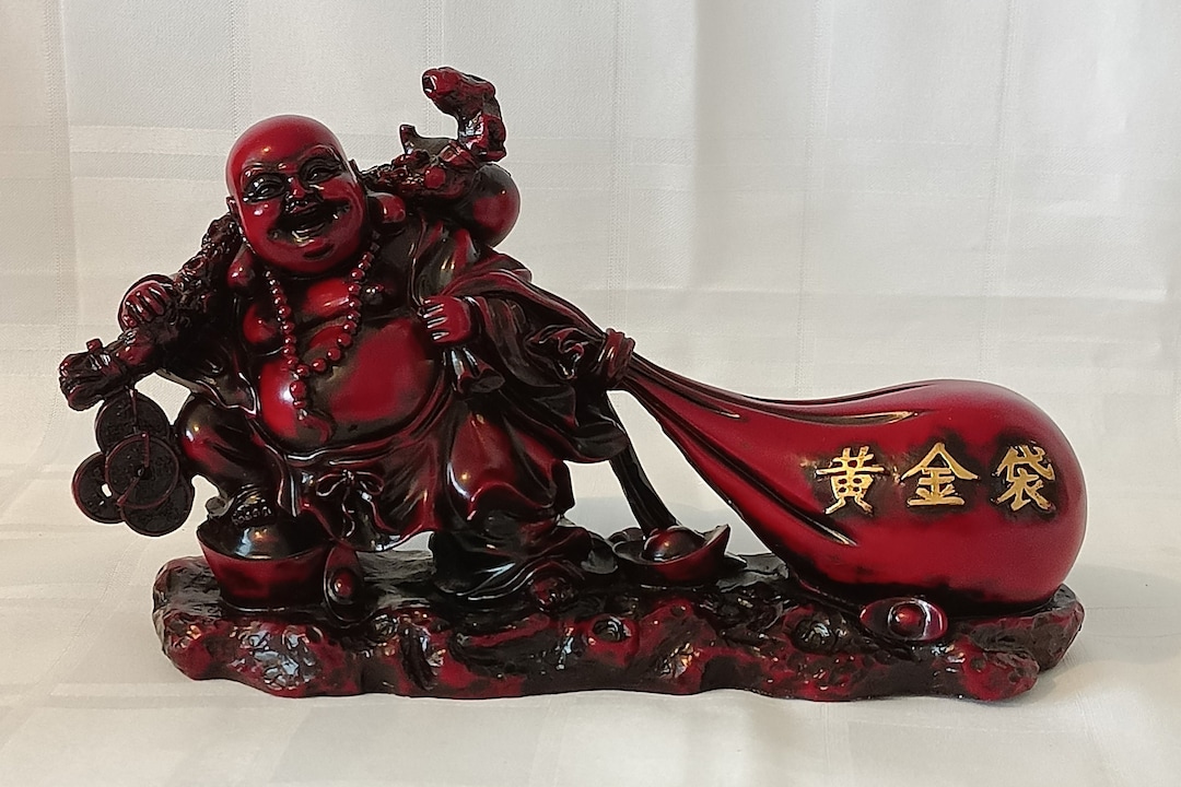 Buddha Happy Statue Laughing Figurine Red Resin Feng Shui. Length 23.5 ...