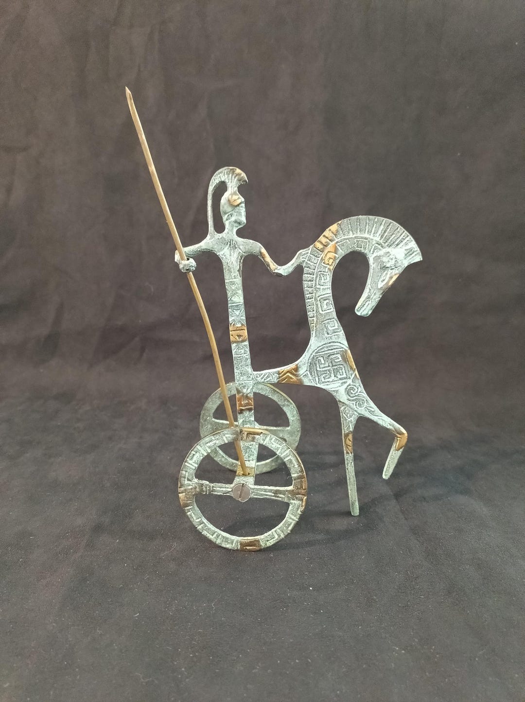 Modern Oxidized Solid Brass Roman Gladiator in Chariot Figurine Vintage ...