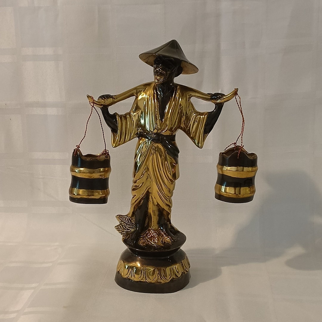 26 Cm Gilt Bronze Asian Farmer Statue, Mid-century Water Carrier Statue ...