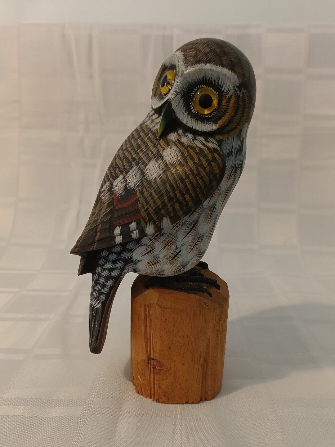 22cm Collectible Owl Figurine Wooden Hand Carved Tawny Owl Perched on a ...
