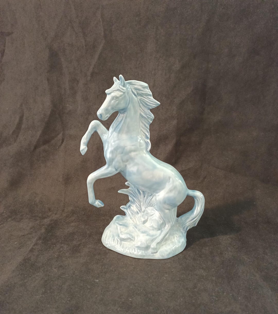 19.5 Cm Figurine of a Rearing Horse, Light Blue Iridescent. Signed ...