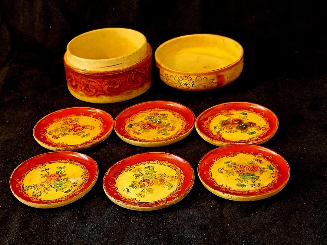 Boxed Coaster Set, Occupied Japan, 1940s, 6 Mini Paper Mâché Lacquer ...