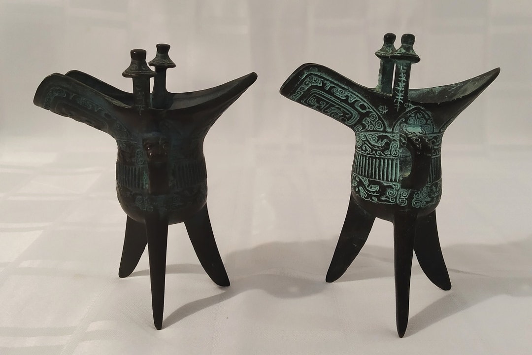 2 Chinese Jue Bronze Wine Cups Decorated With Relief Stylized Ornament ...