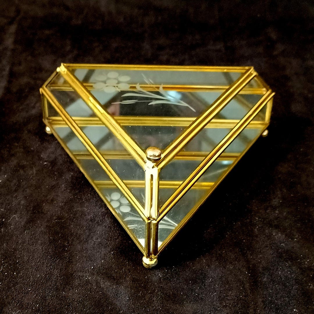 Triangular Etched Glass Trinket Box With Brass Finish. Mexico - Etsy