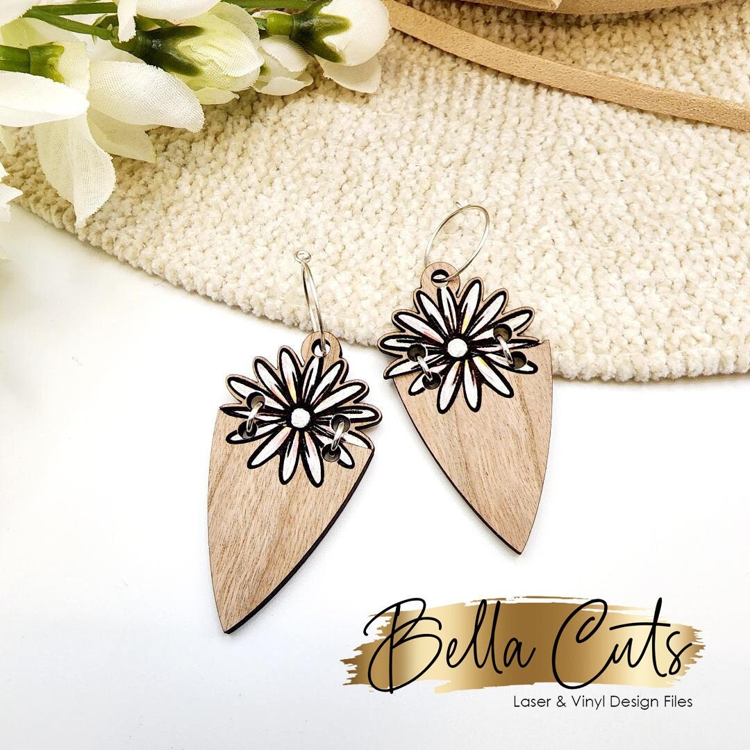 Floral Daisy Drop Laser Cut Engraved Earrings, Digital File Download ...