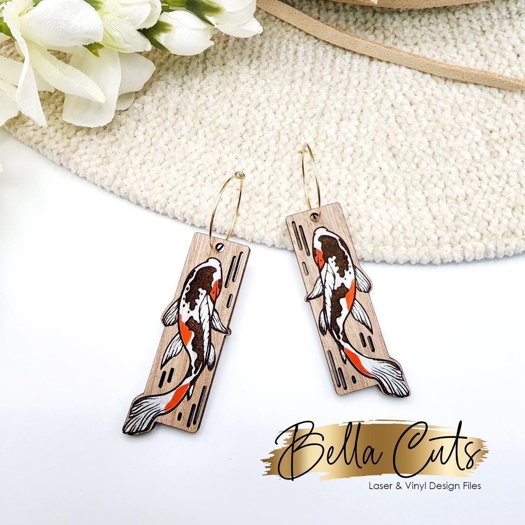 Koi Japanese Garden Rectangle Laser Cut Engraved Earrings, Digital File ...