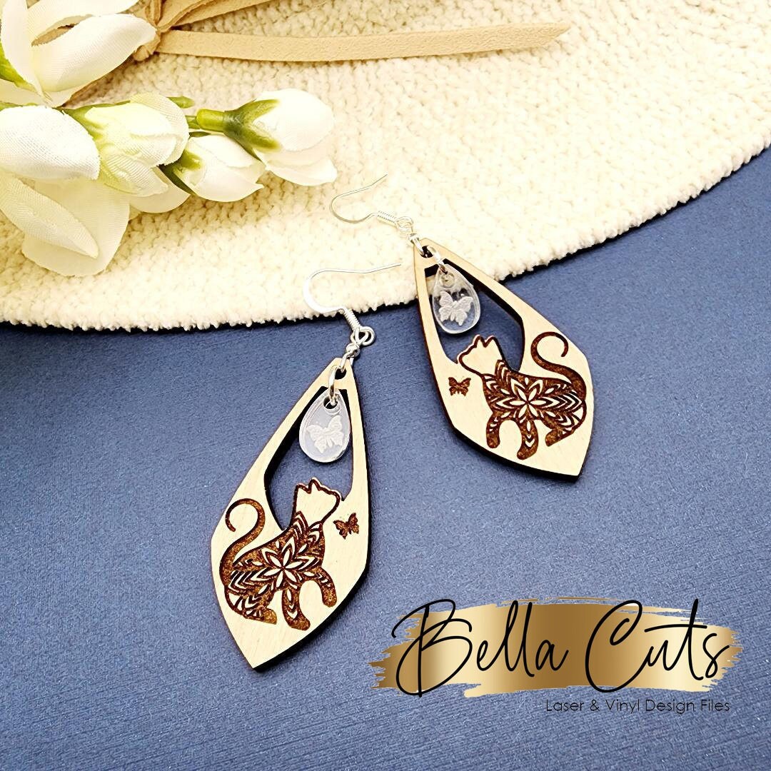 Butterfly Cat Earring Svg, Mandala Drop Earrings Acrylic, Laser File ...