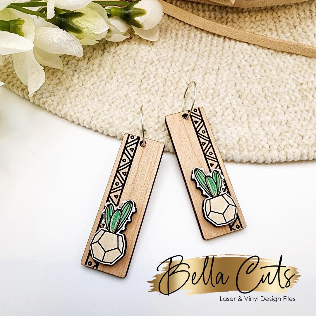Cactus 2 in 1 Drop Earring or Stud Laser Cut Engraved Earrings, Digital ...