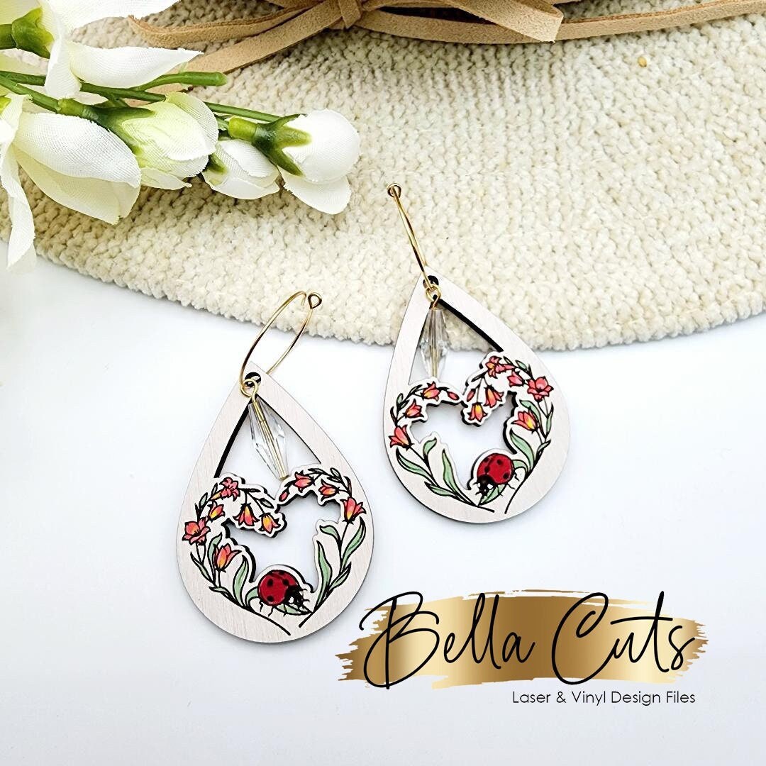 Ladybug Floral Drop Laser Cut Engraved Earrings, Digital File Download ...