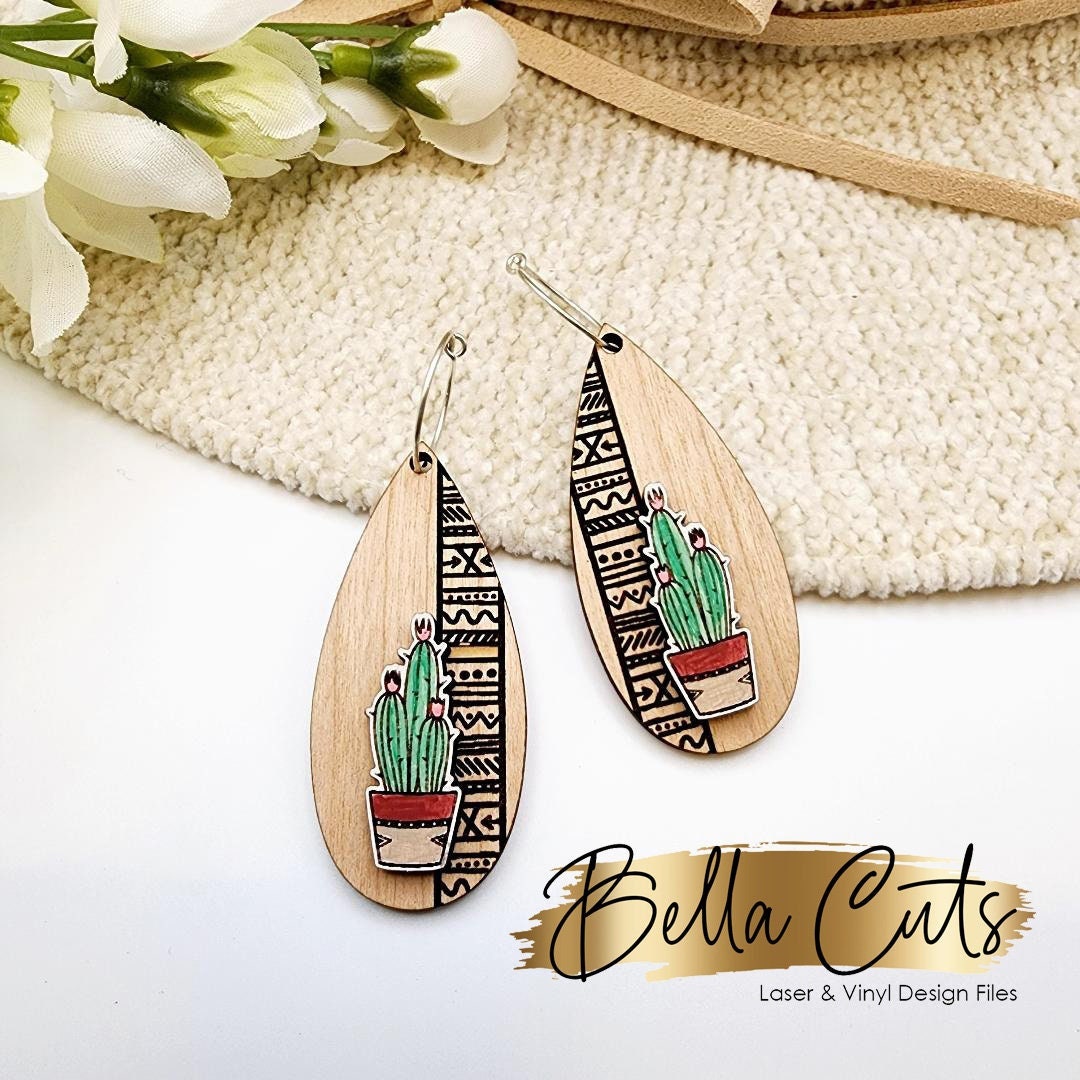 Cactus 2 in 1 Drop Earring or Stud Laser Cut Engraved Earrings, Digital ...