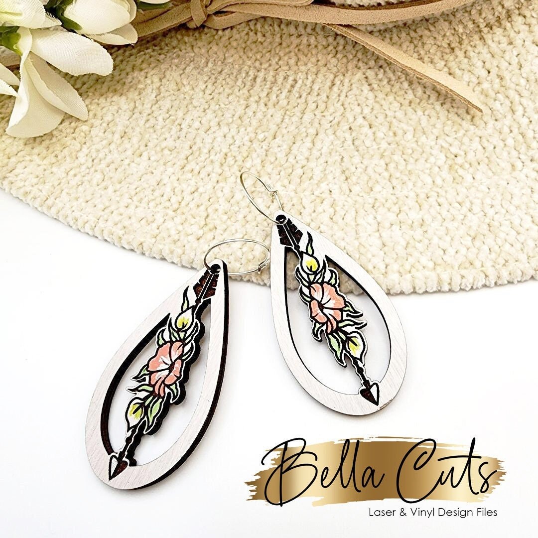 Boho Floral Arrow Laser Cut Dangle Earring SVG File for Wood or Acrylic ...