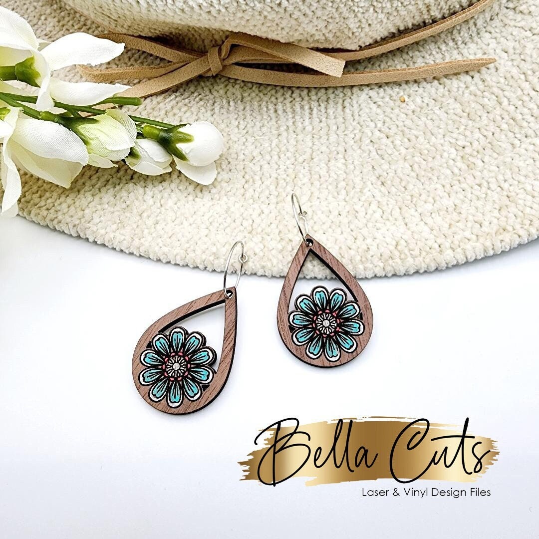 Floral Daisy Drop Laser Cut Engraved Earrings, Digital File Download ...