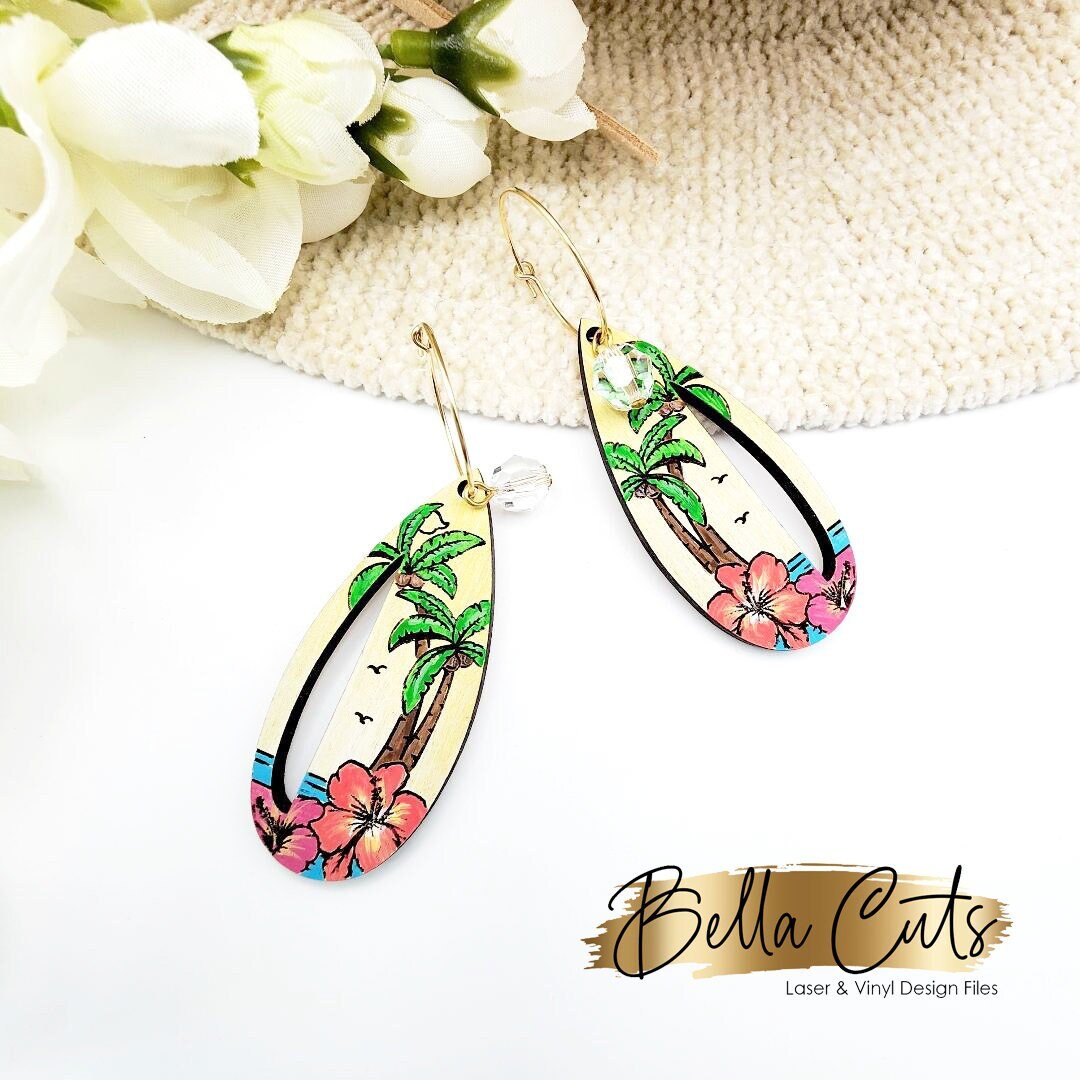 Palm Tree and Beach Svg Earring, Hibiscus Earrings, Earrings Laser File ...