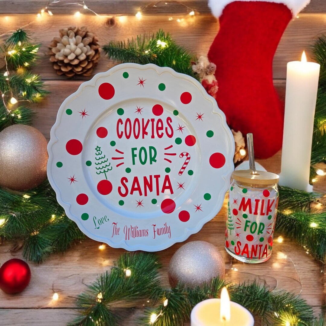 Santa Cookies Plate Charger Personalized Red and Green Matching Milk ...