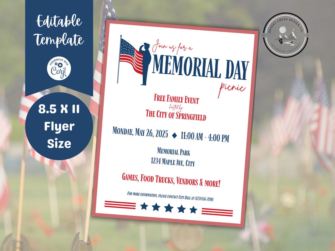 Editable Memorial Day Picnic Flyer Template (5x7 Invitation) - Etsy