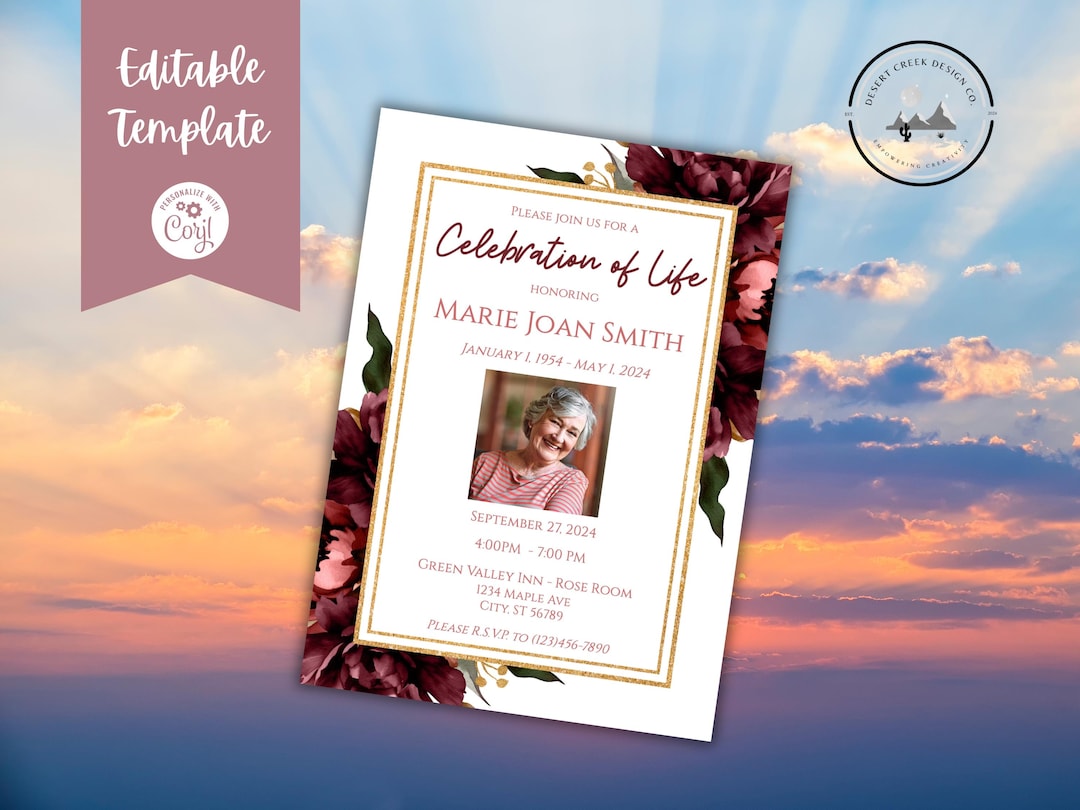 Celebration of Life Invitation With Photo: Floral Memorial Announcement (digital File) - Etsy