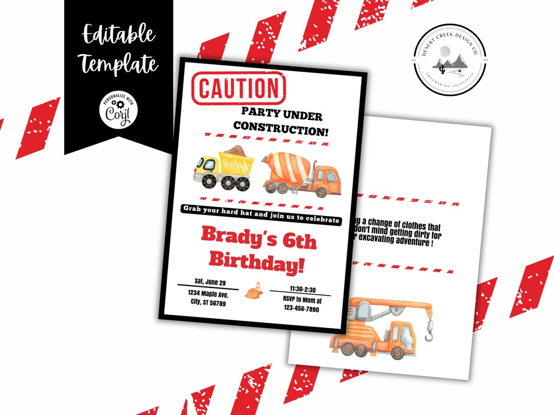 Construction Truck Birthday Invitation: Editable Template (digital ...