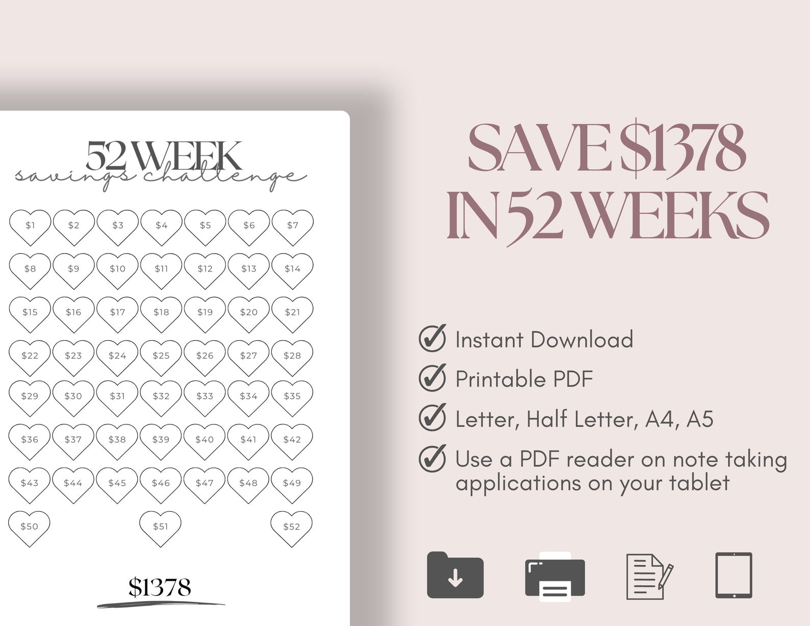 52 Weeks Money Saving Challenge, 52 Week Savings Challenge, 52 Week ...