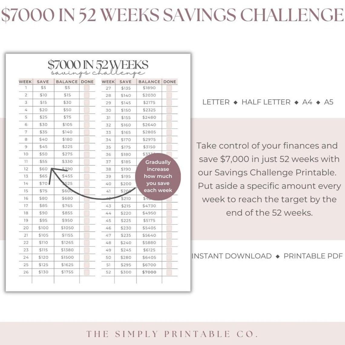 7000 Savings Challenge, 52 Week Money Challenge, 52 Week Savings ...