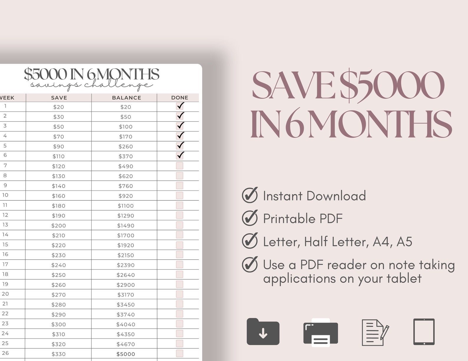 5K in 6 Months Savings Challenge, 5000 in 6 Months, 5,000 Savings ...