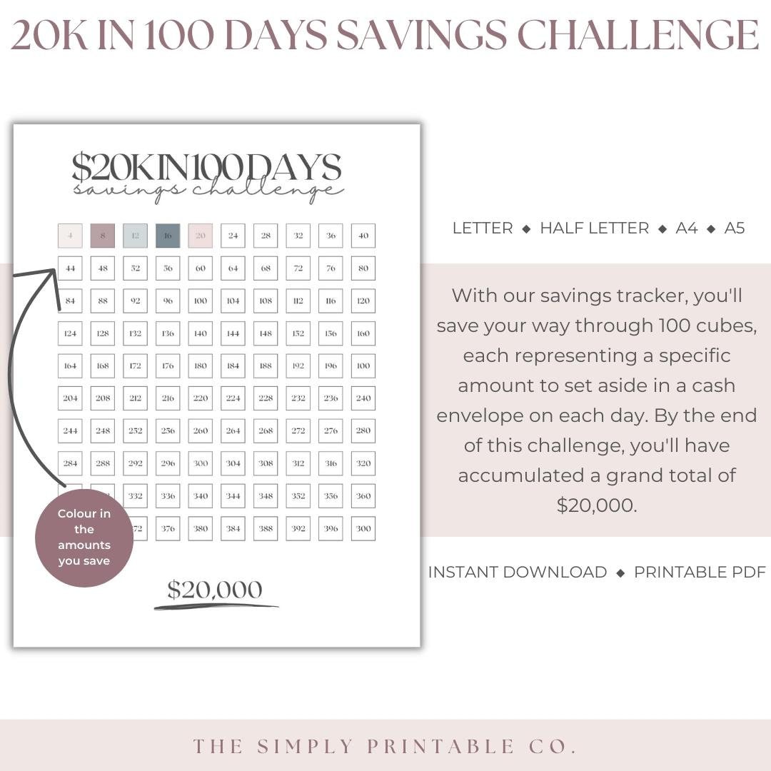 20K in 100 Days Savings Challenge, 100 Envelope Savings Challenge, 100 ...