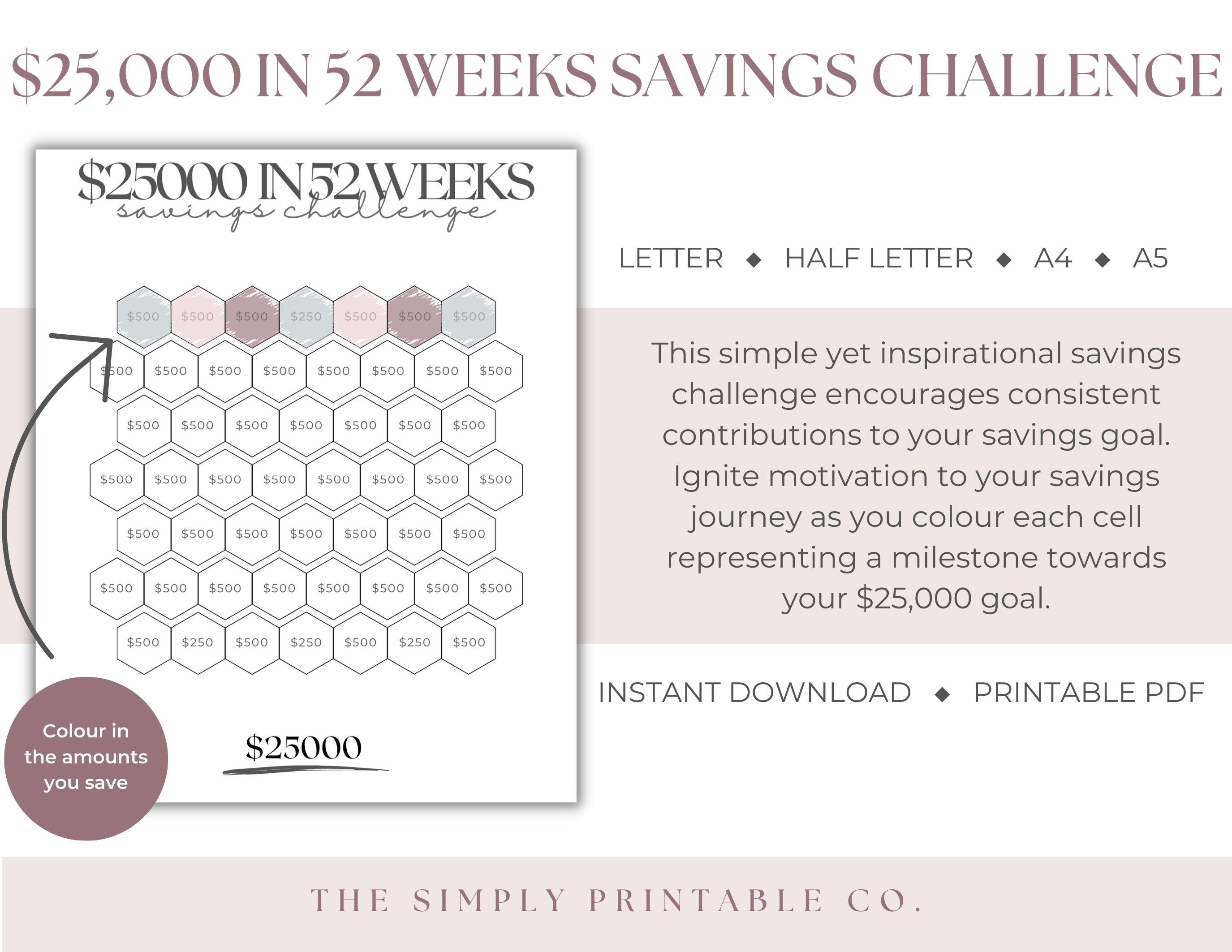 Save 25000 in 52 Weeks Savings Challenge, 52 Week Saving Challenge, 25K ...