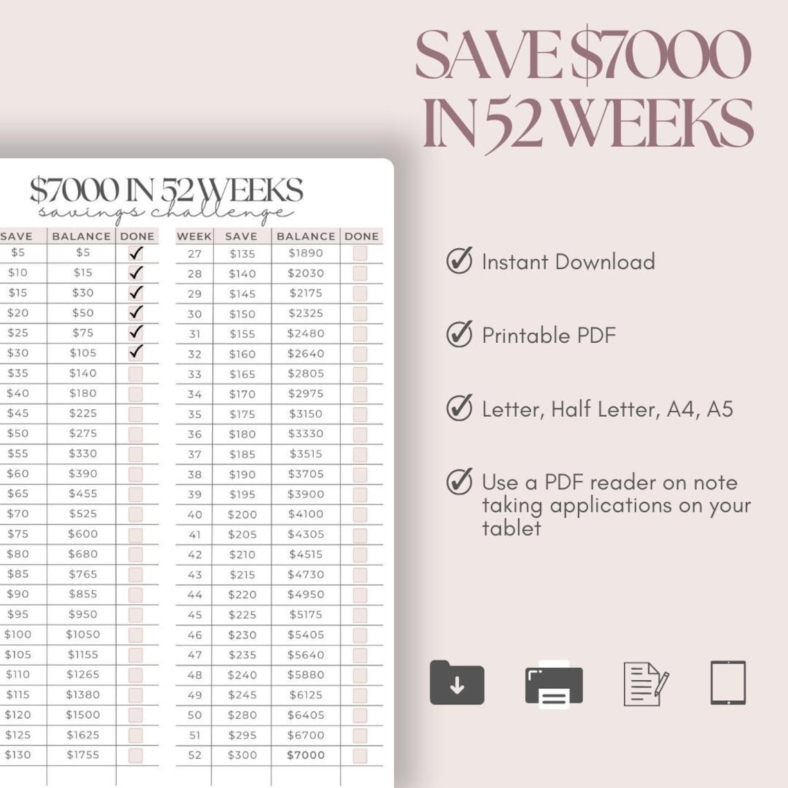 7000 Savings Challenge, 52 Week Money Challenge, 52 Week Savings ...