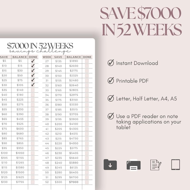 7000 Savings Challenge, 52 Week Money Challenge, 52 Week Savings ...