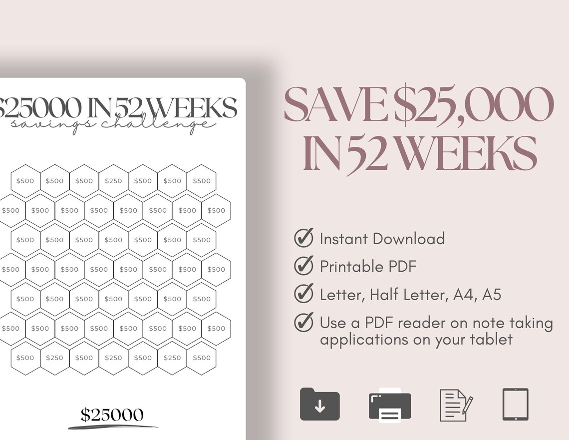 Save 25000 in 52 Weeks Savings Challenge, 52 Week Saving Challenge, 25K ...