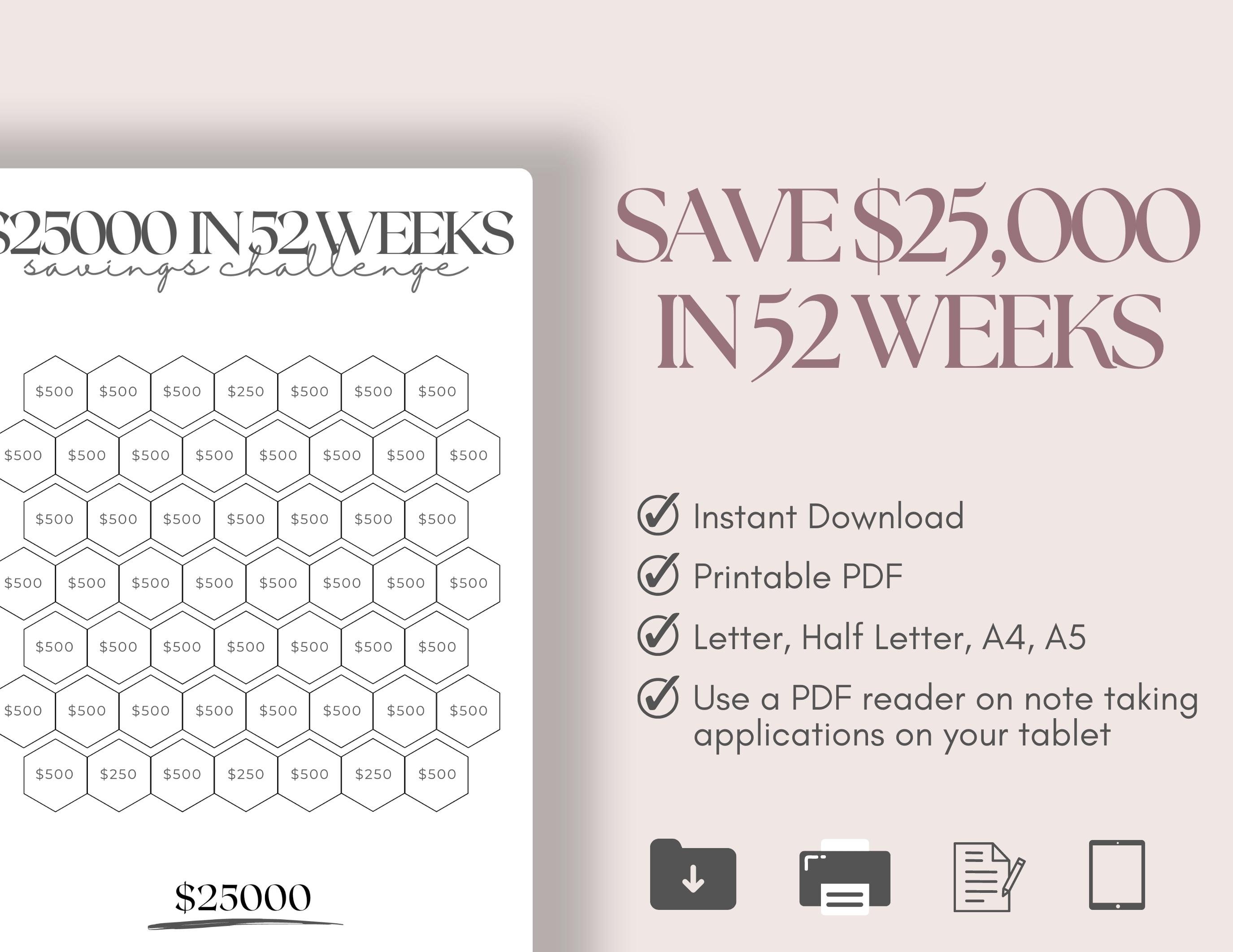 Save 25000 in 52 Weeks Savings Challenge, 52 Week Saving Challenge, 25K ...