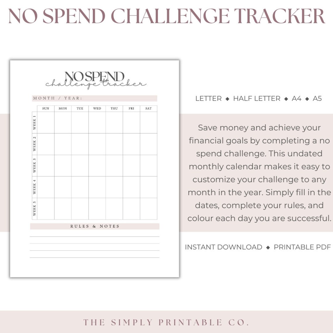 No Spend Challenge Tracker, 30 Day No Spend Challenge, No Spend ...