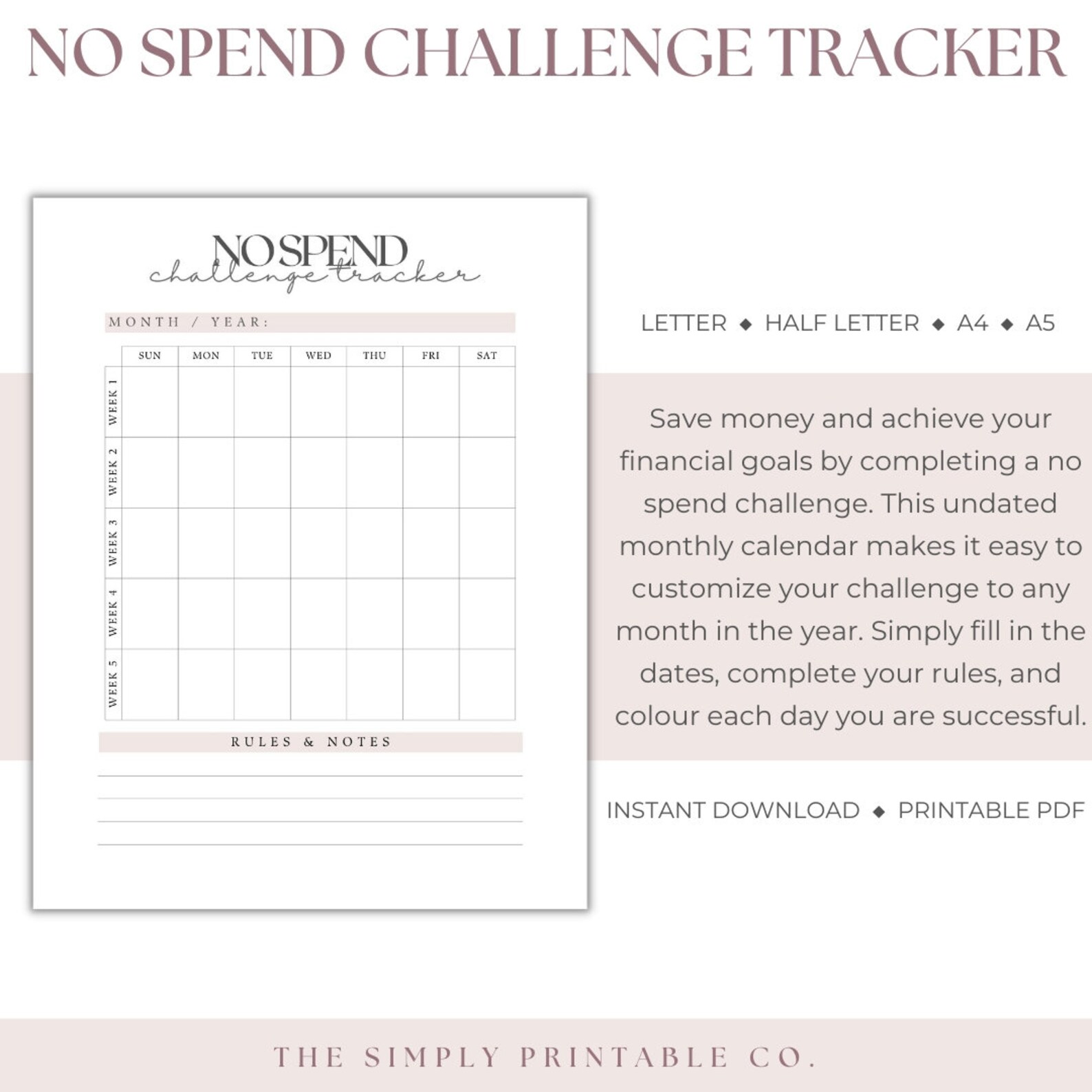 No Spend Challenge Tracker, 30 Day No Spend Challenge, No Spend ...