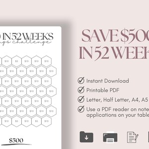 Save 500 in 52 Weeks Savings Challenge, 52 Week Savings Challenge, 52 ...