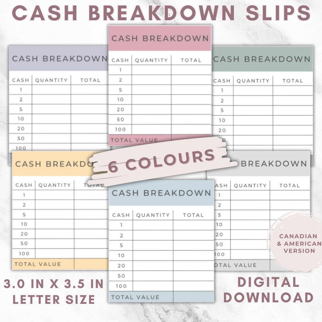 Cash Envelope Teller Slip, Cash Breakdown Sheet, Cash Withdrawal Slip ...