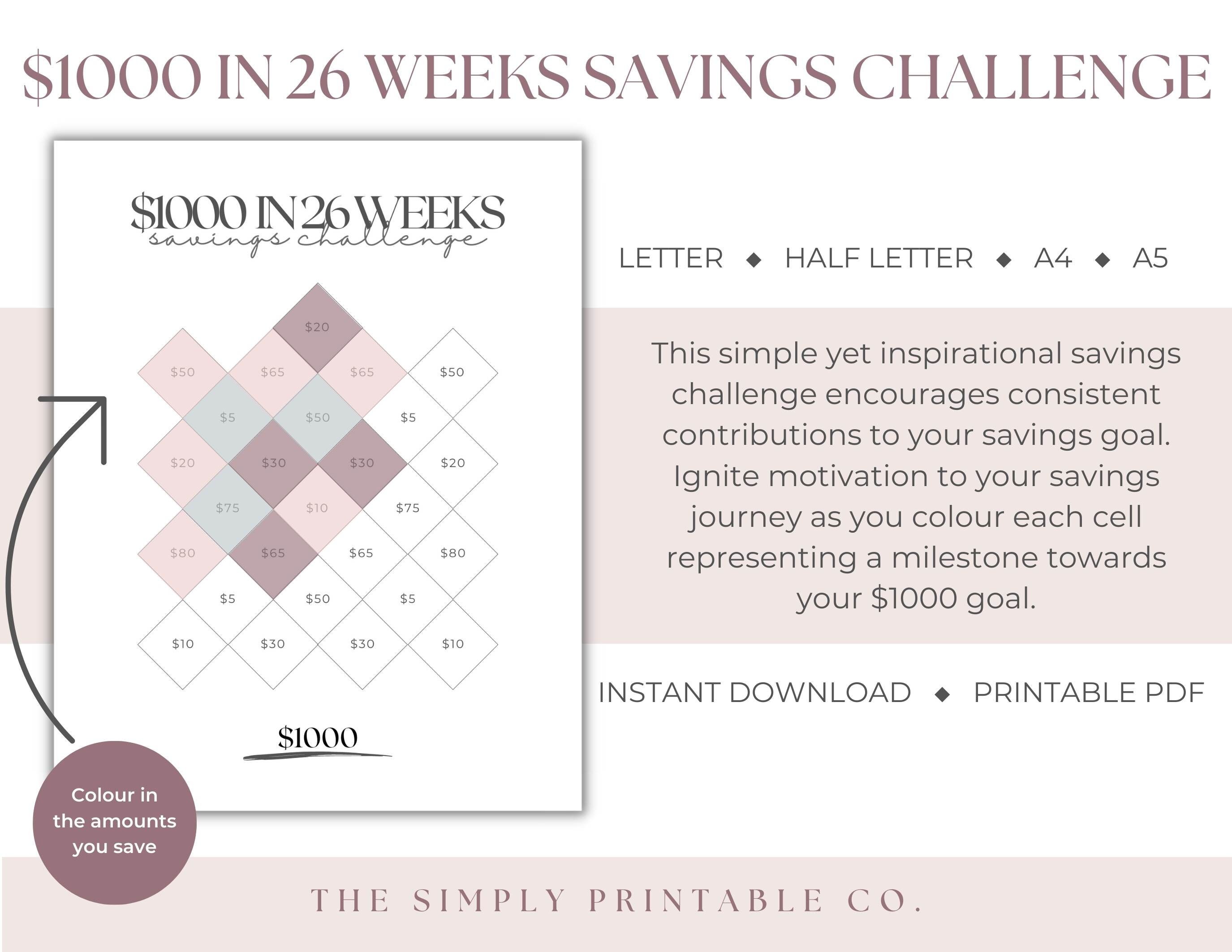 1K Savings Challenge, 26 Week Money Challenge, 1000 Savings Challenge ...