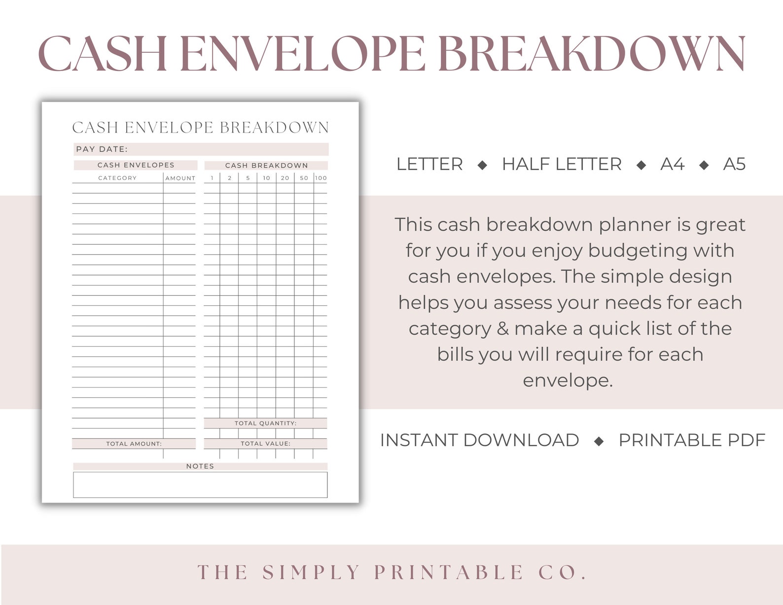Cash Envelope Breakdown, Cash Breakdown Sheet, Budget Breakdown ...