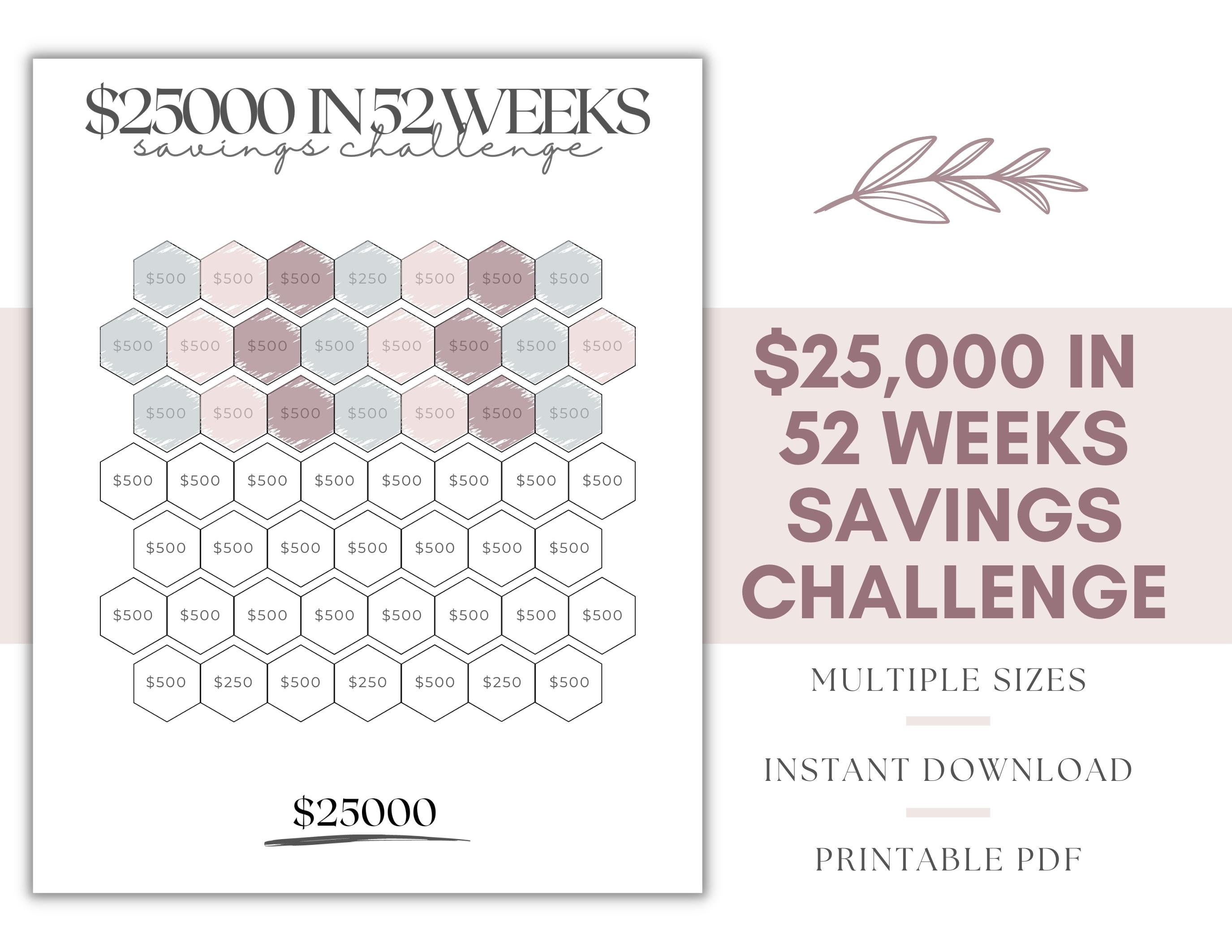 Save 25000 in 52 Weeks Savings Challenge, 52 Week Saving Challenge, 25K ...