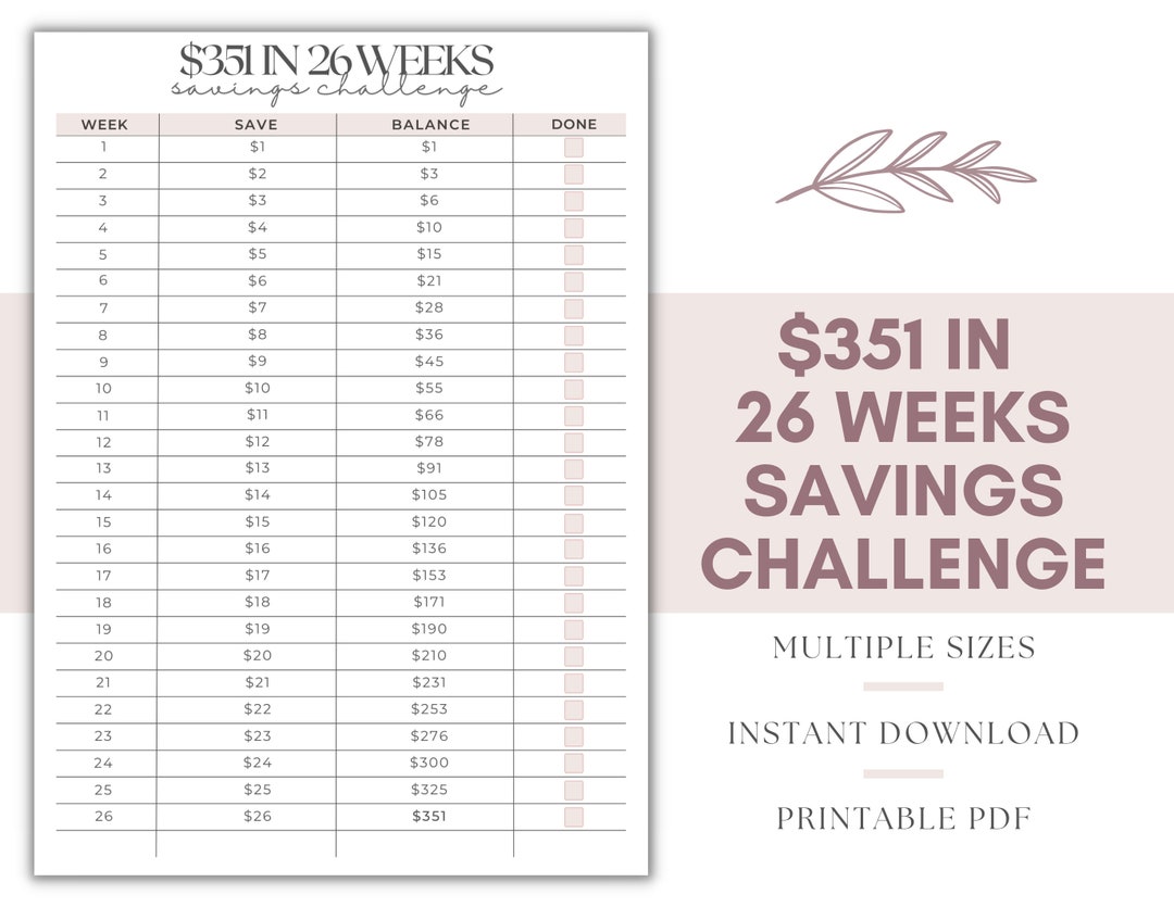 351 in 26 Weeks, 26 Week Saving Challenge, 26 Week Money Challenge ...