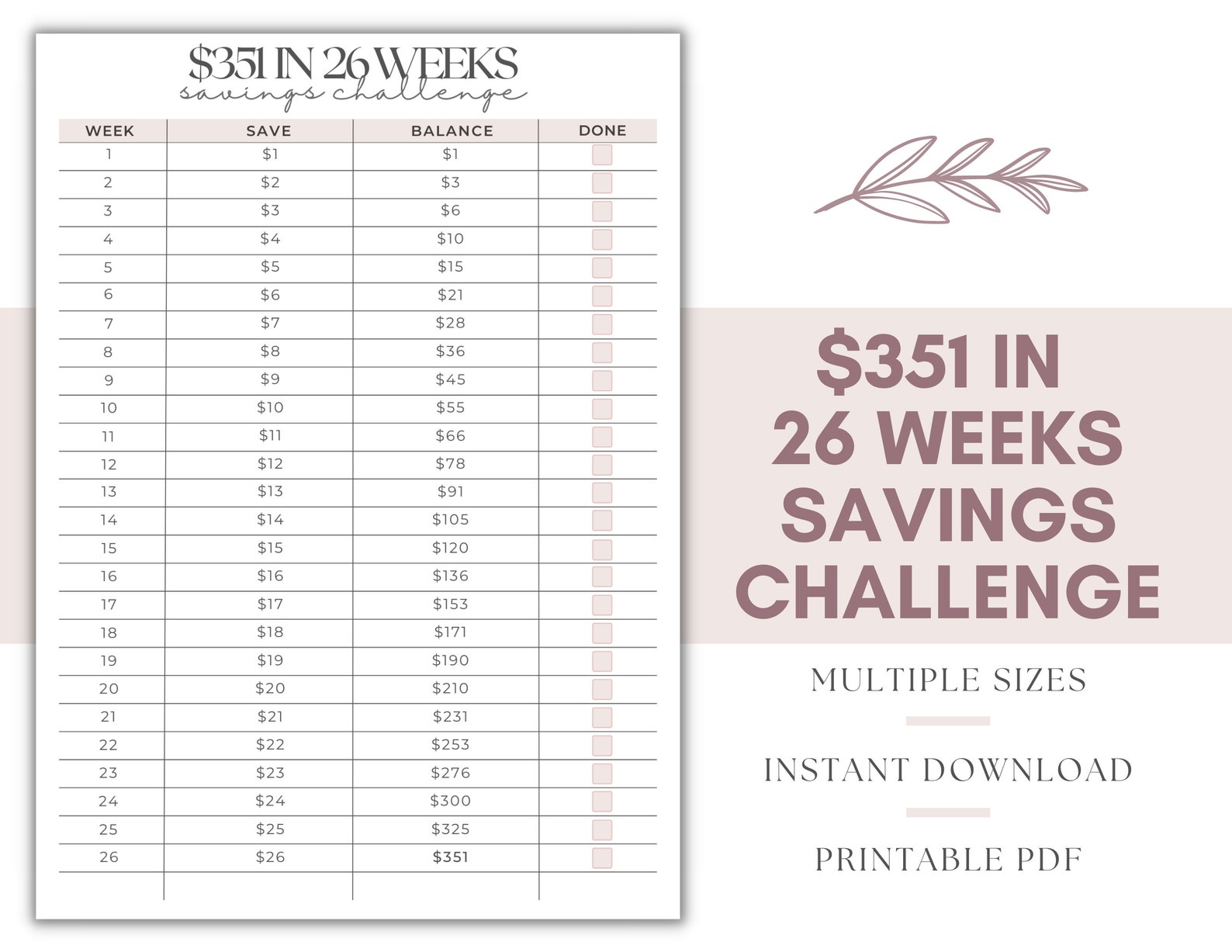 351 in 26 Weeks, 26 Week Saving Challenge, 26 Week Money Challenge ...