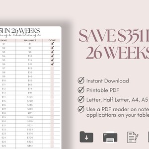 351 in 26 Weeks, 26 Week Saving Challenge, 26 Week Money Challenge ...